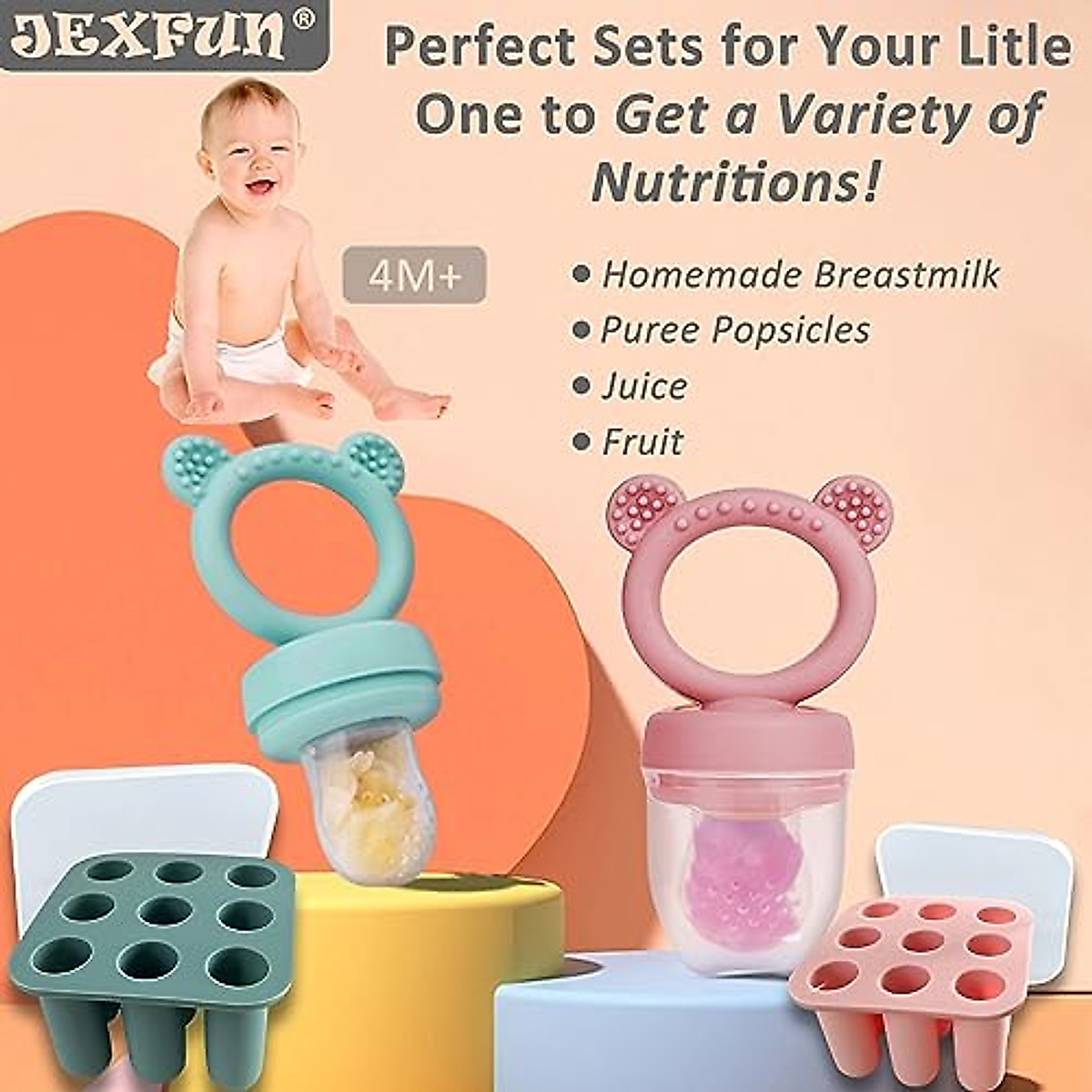 JEXFUN Silicone Baby Fruit Food Feeder Pacifier & Breastmilk Popsicle Freezer Molds, Baby Food Storage Containers Breast Milk Ice Cubes for Baby Teething & Infant Self Feeding, BPA Free (Pink)