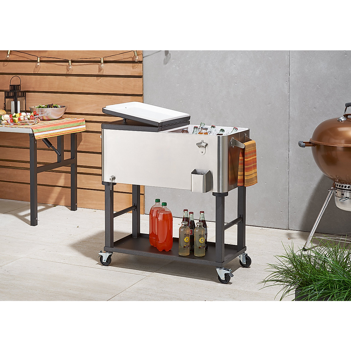 TRINITY Stainless Steel Beverage Cooler and Ice Chest with Wheels and Built-in Bottle Opener, Rolling Cart with Shelf for Patio, Outdoor Bar, and Catering, Detachable Tub, 80 Quart Capacity