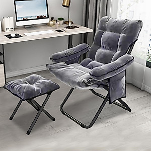 Modern Lazy Chair with Ottoman, Folding Lounge Reclining Sofa Chair with Armrest Comfy Lounge Chair Leisure Chair with Side Pocket for Bedroom, Balcony, Living Room, Office, Grey