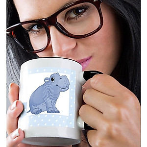 3dRose mug_37289_4 "Cute Baby Blue Hippo On Blue Dotted Back" Two Tone Black Mug, 11 oz, Multicolor