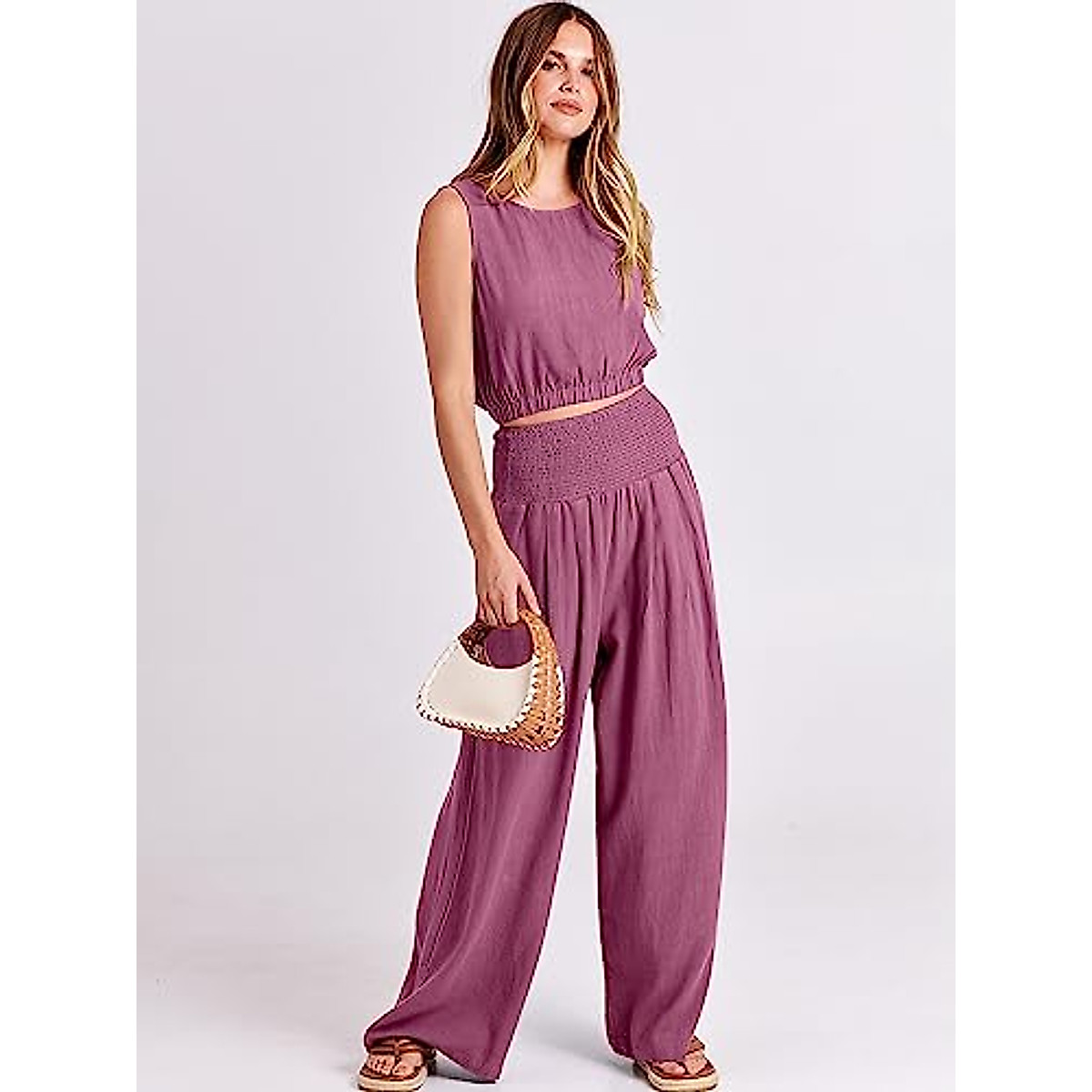ANRABESS Women's 2 Piece Linen Lounge Set Casual Matching Pants Jumpsuit Summer Beach Travel Vacation Trendy Outfits X-Large