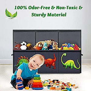 HOMEMARVEL Toy Box for Boys, Black Dinosaur and Blue Square