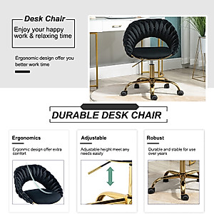 Goujxcy Modern Velvet Desk Chair, 360°Swivel Home Office Computer Task Chair with Woven Mid Back & Gold Legs, Cute Vanity Chair for Women Girls, Armchair for Living Room Bedroom,Black