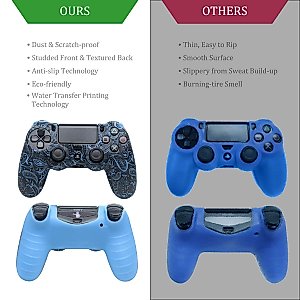 Silicone Controller Covers Compatible with PS4 Controller - 2 Pack of Anti-Slip Protector Controller Skin Case- with 4 Pairs Thumb Grips - Red & Blue