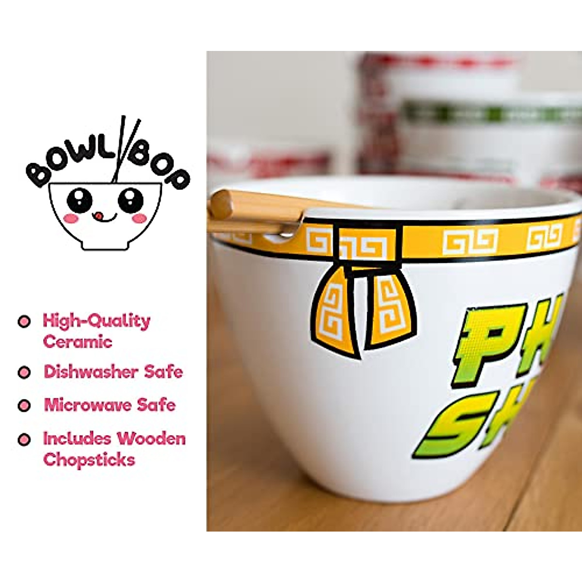 Toynk Bowl Bop Pho Sho Japanese Ceramic Dinnerware Set | Includes 16-Ounce Ramen Noodle Bowl and Wooden Chopsticks | Asian Food Dish Set For Home & Kitchen | Kawaii Anime Gifts, Snack Collectible
