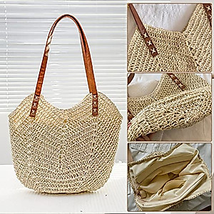 NIBD Hand-woven Soft Large Straw Shoulder Bag Retro Boho Tote Bags Summer Beach Woven bag Rattan Handbag (Off-white)