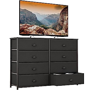 Furnulem 8 Drawer Dresser Wide 40'' Long, Storage Chest of Drawer for 50'' TV Stand, Closet, Bedroom, Nursery, Fabric Bins, Wooden Top Living Room Rustic Furniture (Black)