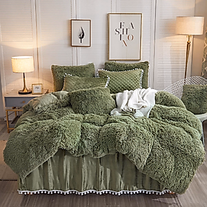 LIFEREVO Luxury Plush Shaggy Duvet Cover Set, Soft Fluffy Furry Duvet Cover Set(1 Faux Fur Fuzzy Comforter Cover+2 Pom Poms Velvet Pillowcases)Solid Bedding Set, Zipper Closure(Full/Queen, Sage Green)