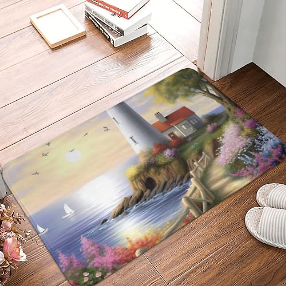 Lighthouse Diamond Painting Print Bathroom Rugs Soft Flannel Area Rug Non-Slip Bath Rug Welcome Door Mat Carpet for Living Room Bedroom Outdoor 24 x 16 in