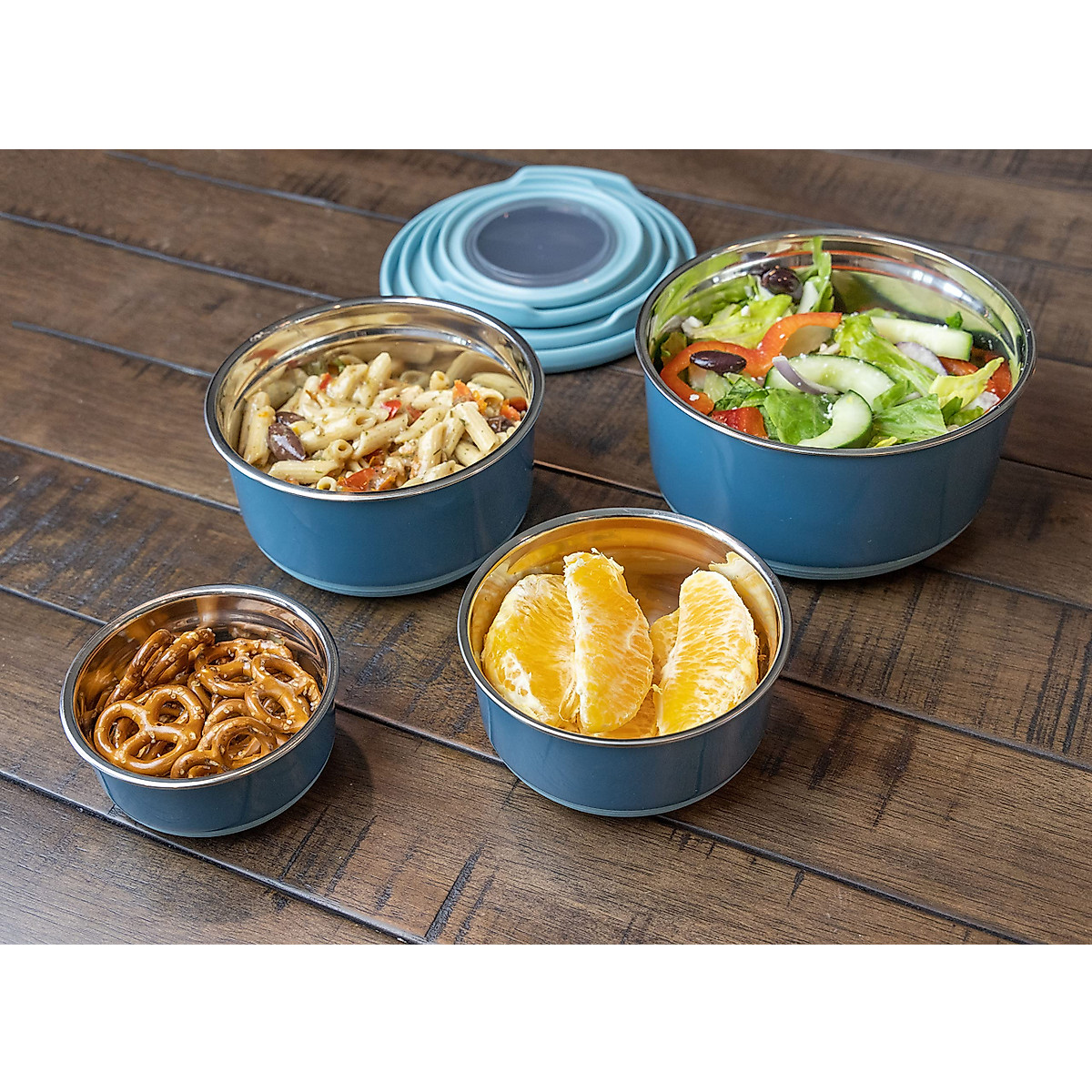 MIRA Stainless Steel Food Storage Set - 4 Anti-Slip Containers for Meal Prep - Multi-Size Pack (1, 2, 3, 5 Cups), Slate Blue