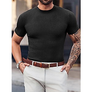 Mens Casual Slim Fit Basic Tops Short Sleeve Shirt Turtleneck T Shirts Rib Knitted Stretch Pullover Sweater