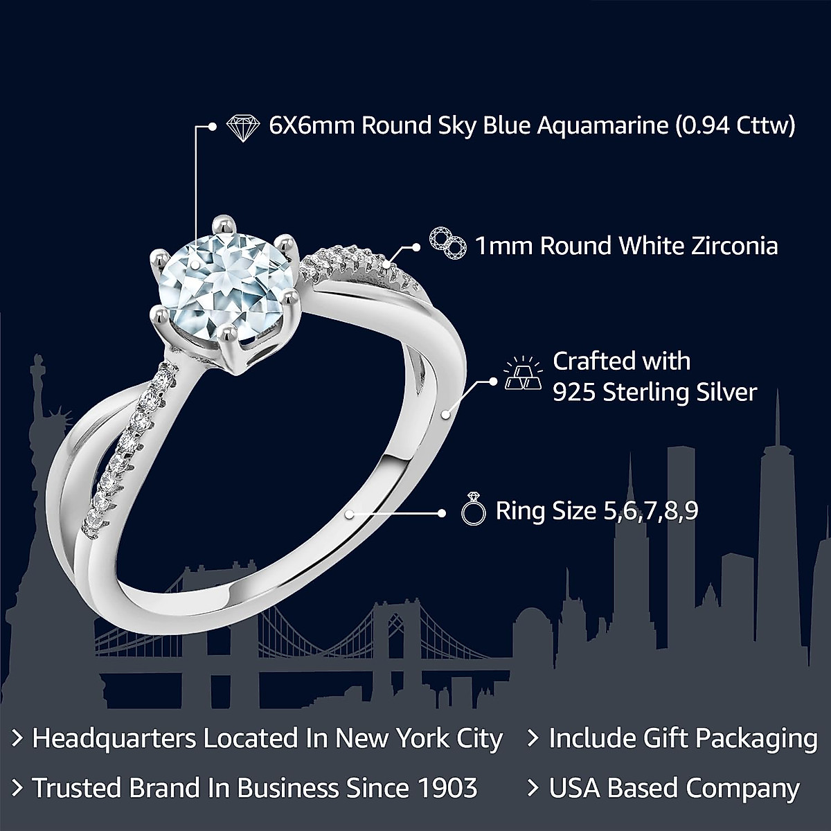 Gem Stone King 925 Sterling Silver Gemstone Birthstone Infinity Ring | Round 6MM | Wedding Engagement Anniversary Promise Ring For Women | Available In Size 5, 6, 7, 8, 9