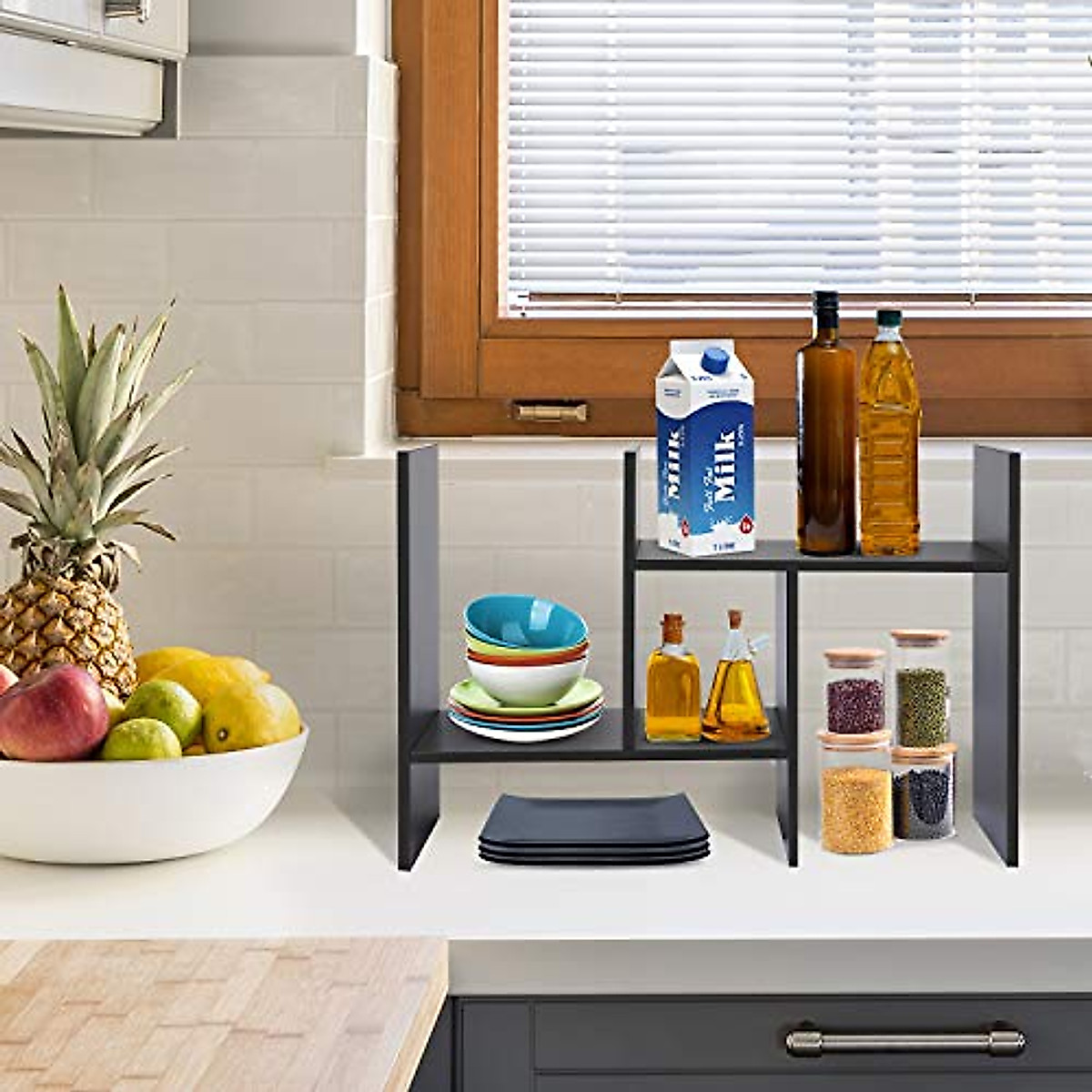 Hossejoy Adjustable Desktop Bookshelf Office Organizer Desk Storage Organizer Display Shelf Rack, Counter Top Bookcase, Black