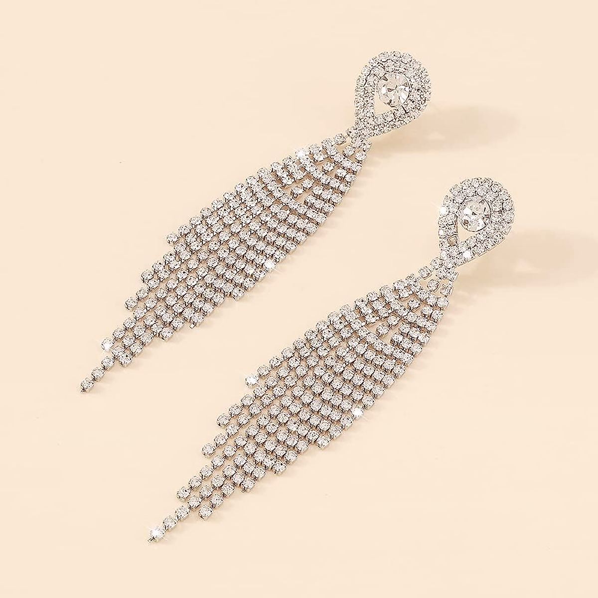 Denifery Teardrop Crystal Chandelier Earrings Long Tassels Dangle Earrings Sparkling Rhinestone Ladies Gifts Statement Earrings Bridal Wedding Jewelry (Silver)