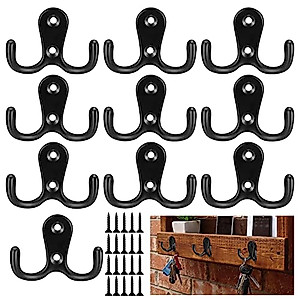 YOUYIDUN 10 Pcs Double Prong Coat Hooks, Heavy Duty Metal Robe Hooks, Black Retro Wall Mounted Clothes Utility Hooks with Screws for Hanging Robe Towels Bags Hats Scarf Key Clothes Coat Hooks