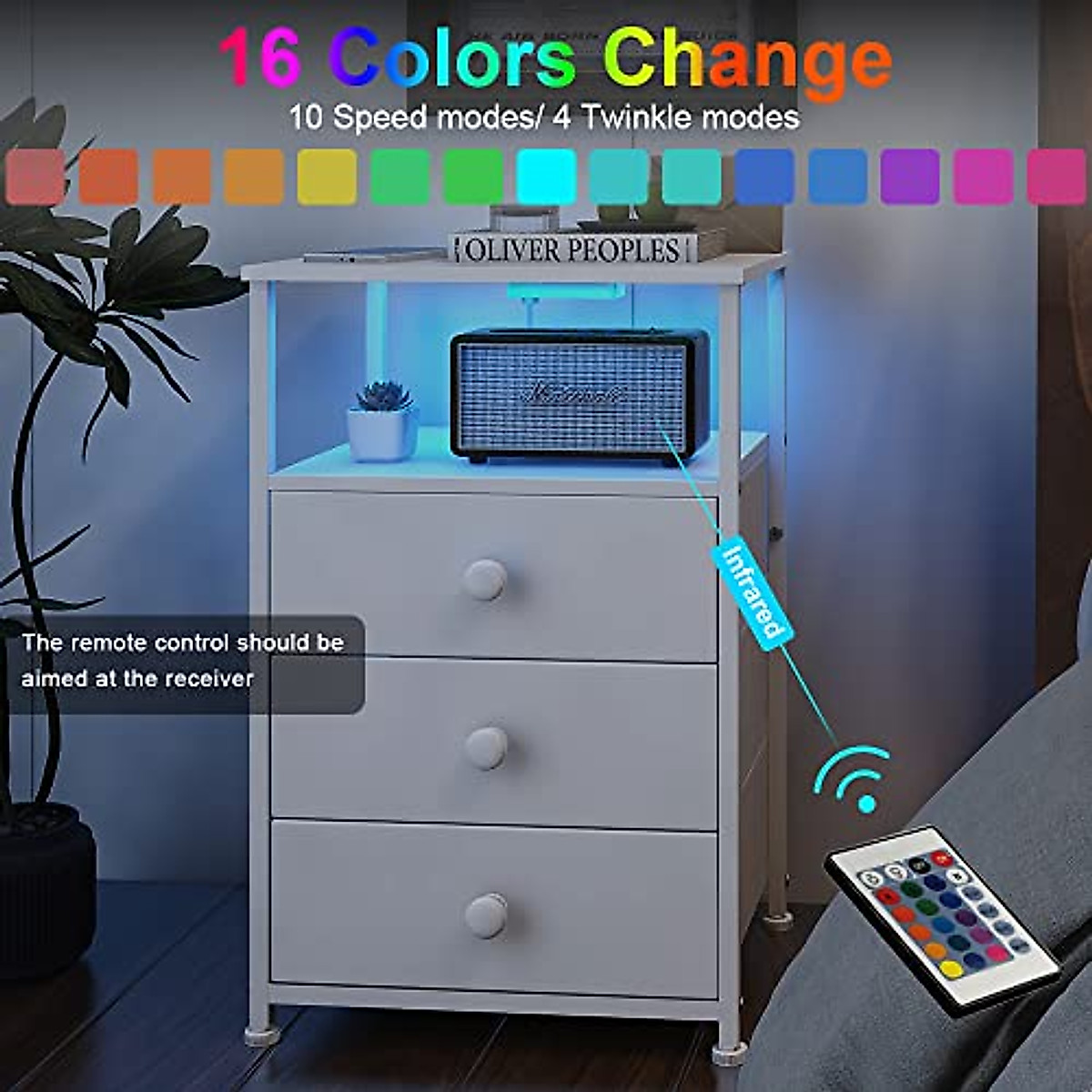 Tohomeor End Table with Charging Station LED Light Nightstand Bedroom Bed Side Dresser with 3 Fabric Drawers Open Storage Shelf Living Room Sofa End Table with USB Ports and Outlet (White, 1 Pack)