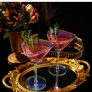Iridescent Lustered Hammered Martini Glasses - Set of 2 - Gold Rim 8 oz Colorful Balloon Stemmed Glassware - Festive Anniversaries, Birthday Gift, Cocktail Party Radiance - Unique Wine Barware