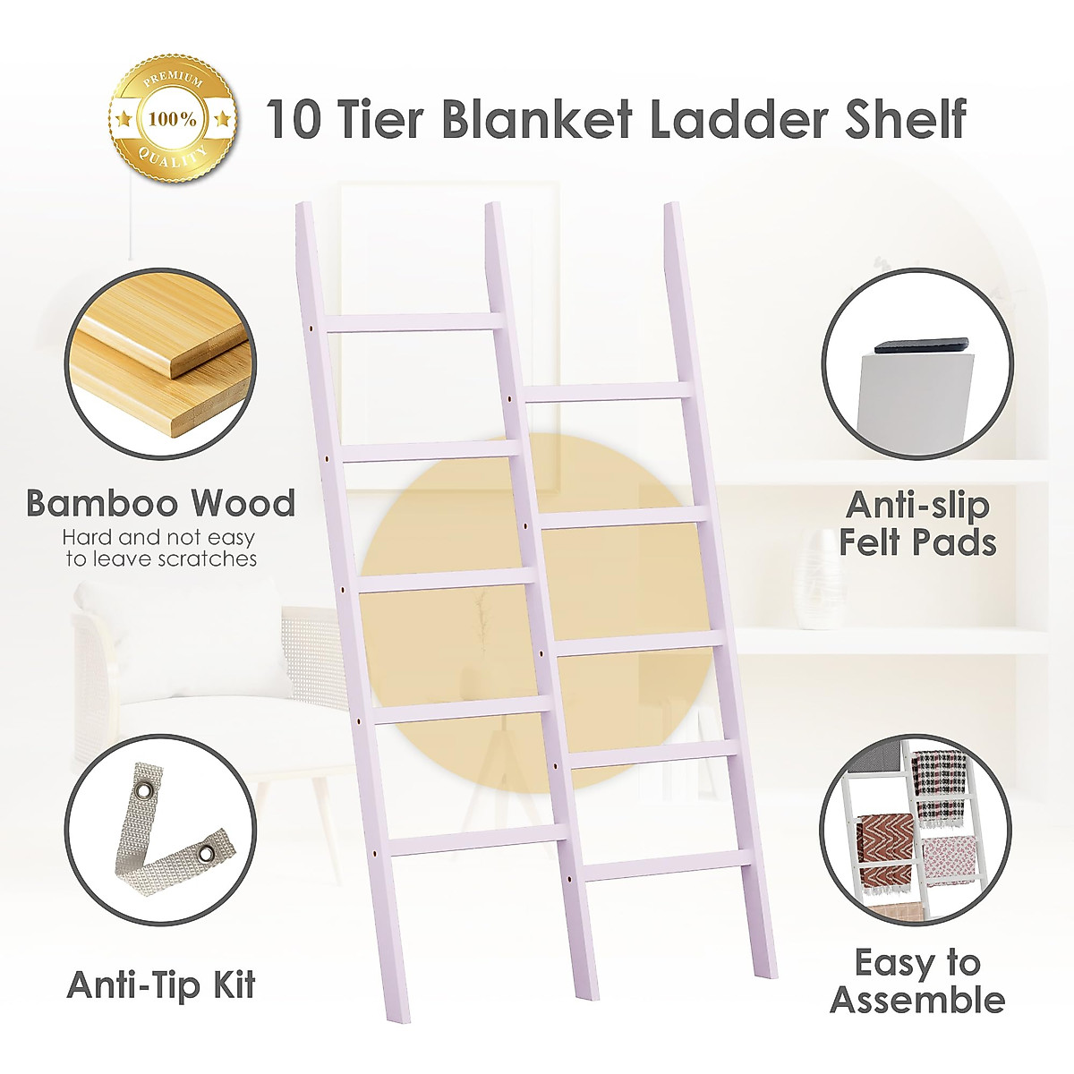 Daflymaco Blanket Ladder for Living Room - 10-Tier Bamboo Wood Blanket Ladder Quilt Ladder Rack Modern Decor Wall Leaning Ladder for Blankets Easy Assembly Blanket Holder for Home Bathroom White
