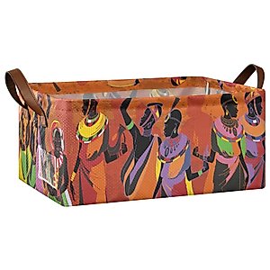 Exnundod African Women Storage Bins for Shelves Colorful Collapsible Storage Bins with Metal Frames Open Home Stroage Basket with Handles for Organizing Closet Books Toys, 1PC