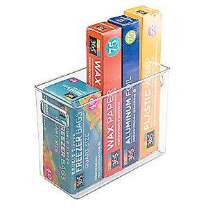 mDesign Plastic Tall Food Storage Organization Container Bin with Handles for Kitchen, Pantry, Cabinet, Fridge/Freezer, Countertop - Organizer for Snacks/Appliances, Ligne Collection, 4 Pack, Clear