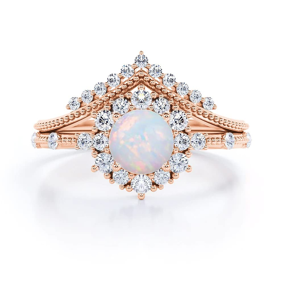 Opal Engagement Ring for Women Bridal Sets 1.35ct Opal and Moissanite Engagement Ring Set 10K White/Rose Gold Wedding Ring Set Opal Birthstone Anniversary Ring Free Engraved