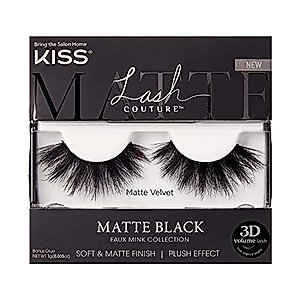 KISS Lash Couture Matte Black Faux Mink Collection, False Eyelashes 1-Pack, Soft Real Mink Texture & Matte Finish, High Impact Color, 3D Volume, Knot-Free Lash Band, Reusable, Matte Velvet, 1 Pair