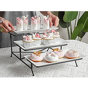 ONEMORE 3 Tier Serving Tray, Tiered Tray Stand for Party Entertaining Collapsible Sturdier Rack with 12" White Rectangular Ceramic Serving Platters for Fruit Cupcake Food Dessert Table Display Set