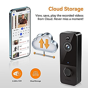 EKEN Smart Video Doorbell Camera Wireless with Chime Ringer, Smart AI Human Detection, 2.4G WiFi, 2-Way Audio, HD Live Image, Night Vision, Cloud Storage, Battery Powered, Indoor/Outdoor Surveillance