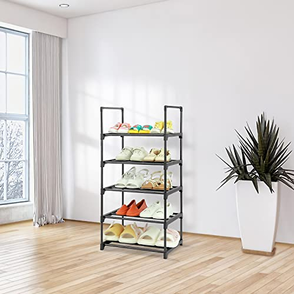 HITHIM 5-Tier Narrow Shoe Racks, Small Stackable Shoe Shelf Organizer,Sturdy Shoe Stand with Armrests, Metal Free Standing Shoe Racks for Entryway, Doorway and Bedroom Closet (Black)
