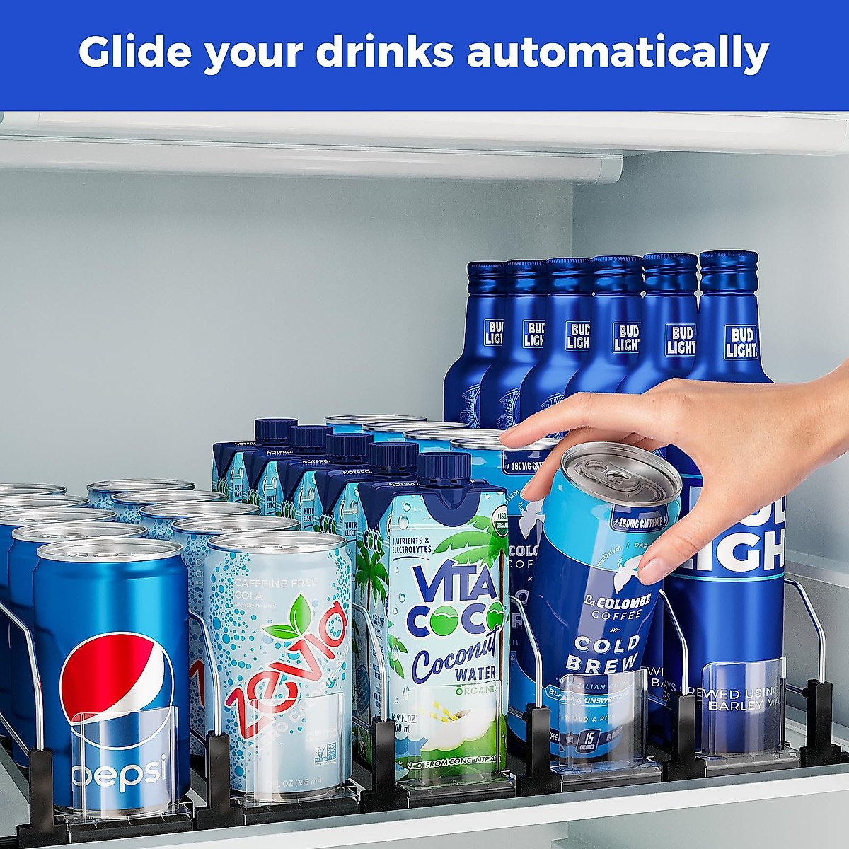 Puricon 2 Pack Skinny Can Drink Dispenser Organizer for Refrigerator Bundle with Drink Organizer for Fridge Pusher Glide