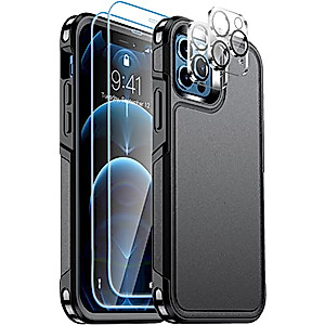 Red2Fire for iPhone 12 Pro Max Case [Military Grade Drop Protection] [Tempered Glass Screen Protector + Camera Lens Protector] Non-Slip Heavy Duty Full-Body Shockproof Phone Case (Black)