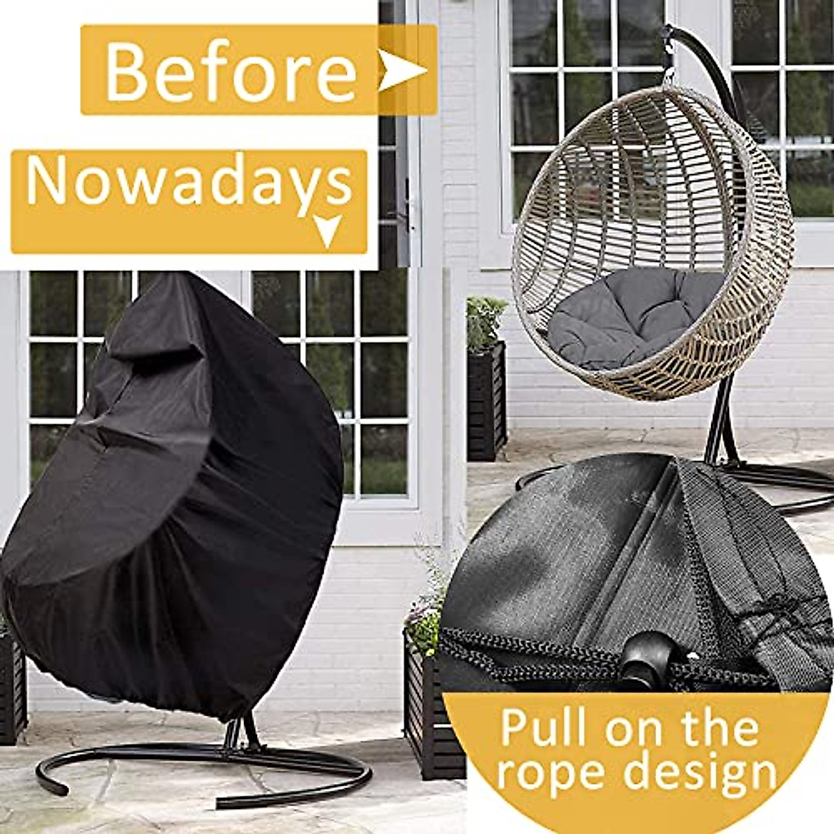 Reofrey Patio Hanging Chair Covers with Zipper Design, Egg Chair Covers for Outdoor Furniture, Durable Lightweight Waterproof and Anti-UV Swing Patio Chair Protector (Black, 75x45 in)