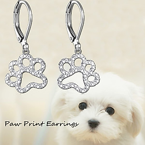 Paw Print Earrings Sterling Silver Leverback Dog Paw Earrings Puppy Paw Drop Dangle Earring for Women