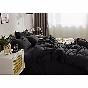 Nanko Queen Duvet Cover Set Black 3pc 90x90 Luxury Microfiber Down Comforter Quilt Bedding Cover with Deco Buttons Zip Closure Ties - Modern Style for Men and Women Chambray Teen