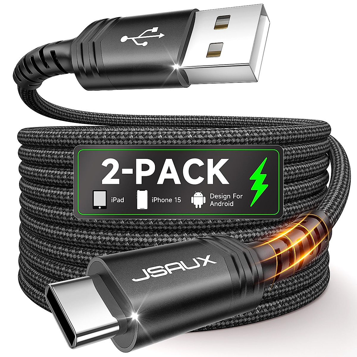 JSAUX USB C Cable [2-Pack 6.6ft], USB A to USB Cord 3.1A Fast Charging Compatible with iPhone 16/16 Plus/16 Pro/16 Pro Max/iPhone 16e/iPhone 15 Series, Samsung S20 S10 S9, Note 20 10, Car Play -Black