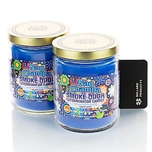 Smoke Odor Exterminator Scented Candle Nag Champa - Pack of 2 - Odor Eliminating Candle Bundle with Ballard Products Car Air Freshener, Blue
