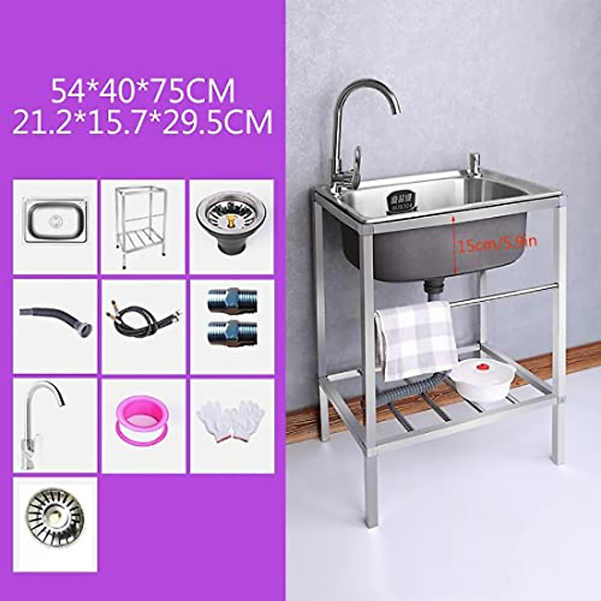 Free Standing Utility Sink Stainless Steel 1 Compartment Commercial Kitchen Sink Set Washing Station Hand Basin w/Cold Hot Water Pipe Faucet and Storage Shelves for Indoor Outdoor Laundry Garage (Col