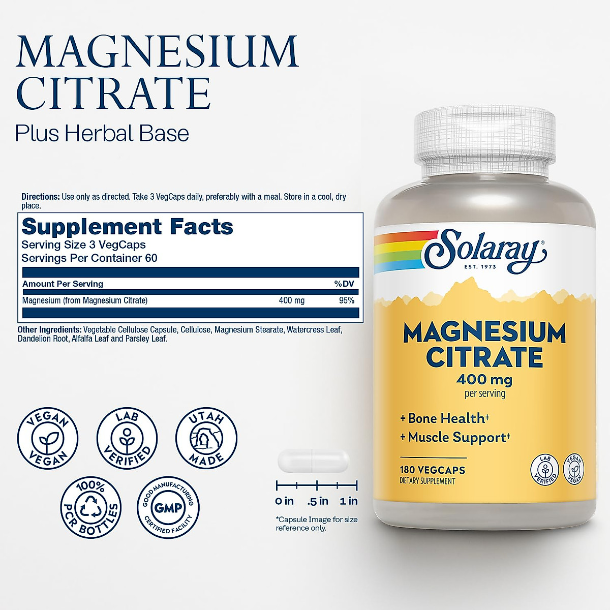 Solaray Magnesium Citrate 400mg - Bone Strength, Muscle Recovery, and Digestion Support - Herbal Base - Vegan, Lab Verified, 60-Day Money-Back Guarantee - 60 Servings, 180 VegCaps