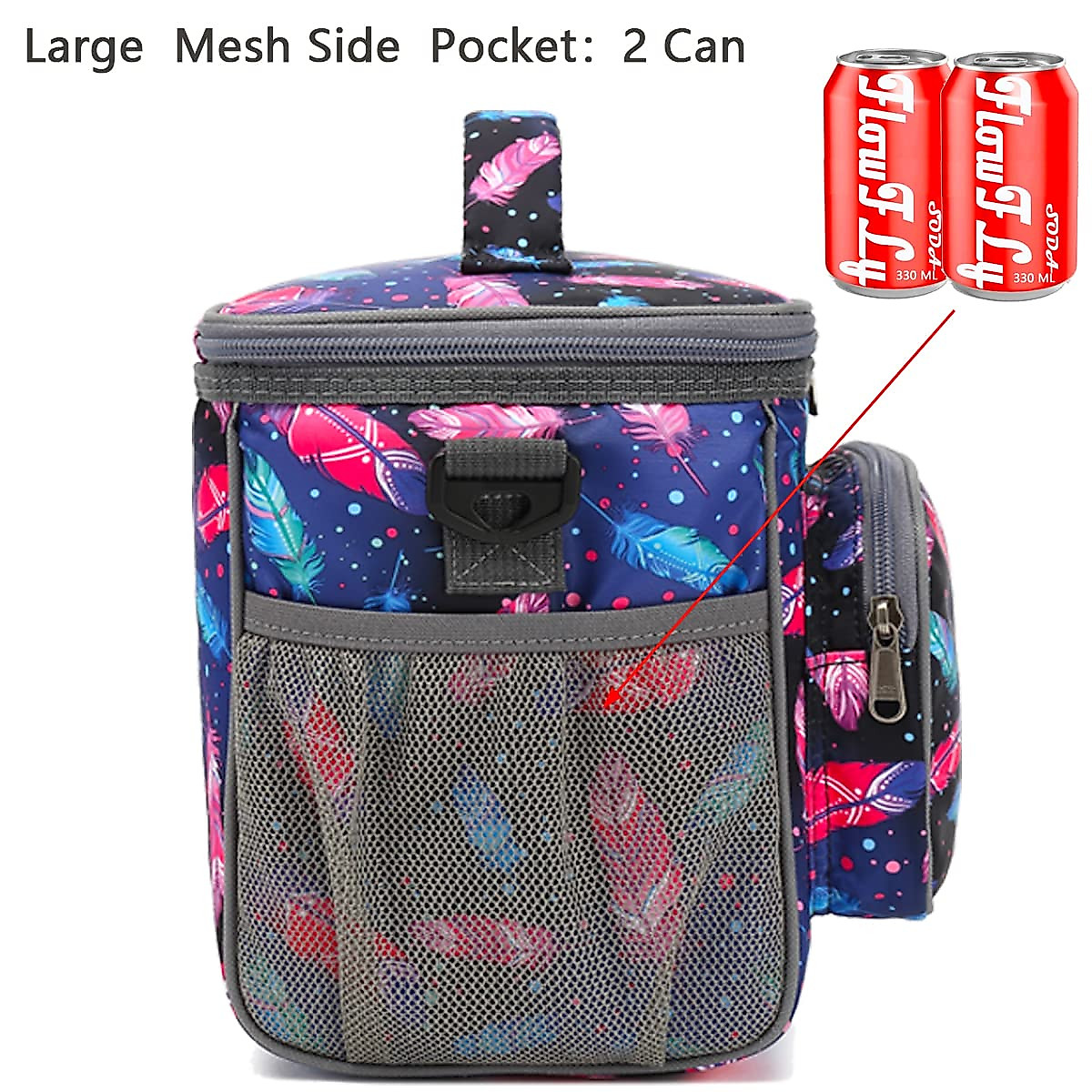 FlowFly Insulated Reusable Lunch Bag Adult Large Lunch Box for Women and Men with Adjustable Shoulder Strap,Front Zipper Pocket and Dual Large Mesh Side Pockets,Feather