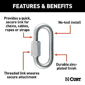 CURT 82901 Threaded Quick Link Trailer Safety Chain Hook Carabiner Clip, 5/16-Inch Diameter, 8,800 lbs Break Strength