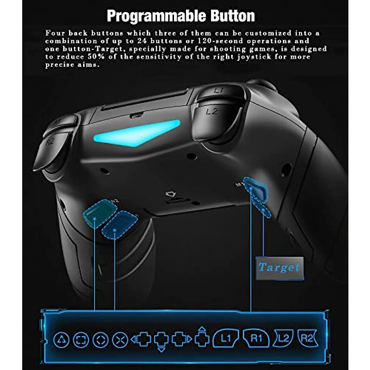 COWBOX 【2021 Upgraded Version】 Wireless P4 Controller with 3 Programmable Back Buttons and 1 Sensitivity-Control Back Button, Game Controller Remote with Turbo/Gyro/HD Dual Vibration/Touch Panel/LED