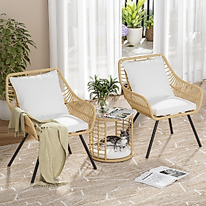 3 Piece Patio Bistro Set, Bistro Table and Chairs Set of 2 with Elevated Back Cushion, Round Glass Top Coffee Side Table, Patio Rattan Conversation Set for Balcony, Lawn, Garden, Backyard, White