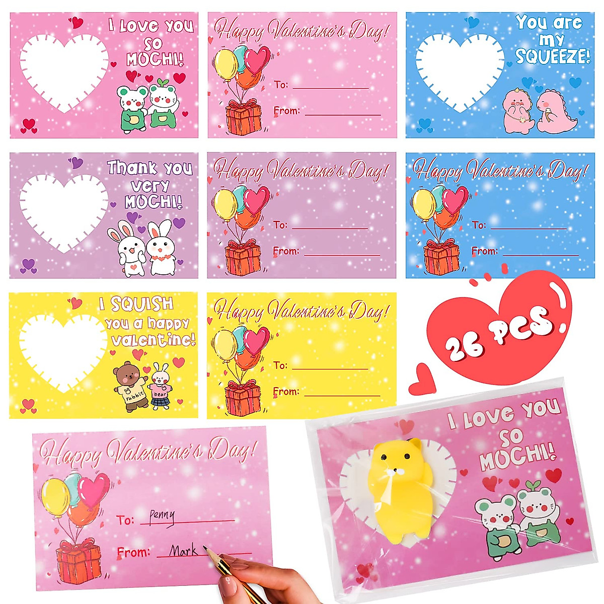 26 Packs Mochi Squishy Toy Valentines Day Gifts Cards for Kids Classroom Fidget Toys Preschool Exchange Gifts Cards Classmate Gifts