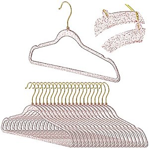 20 Pcs Clear Acrylic Hangers Plastic Glitter Coat Hanger Non Slip Space Saving Suit Hangers Heavy Duty Clothes Hanger with Non Slip Notches (Pink and Gold)