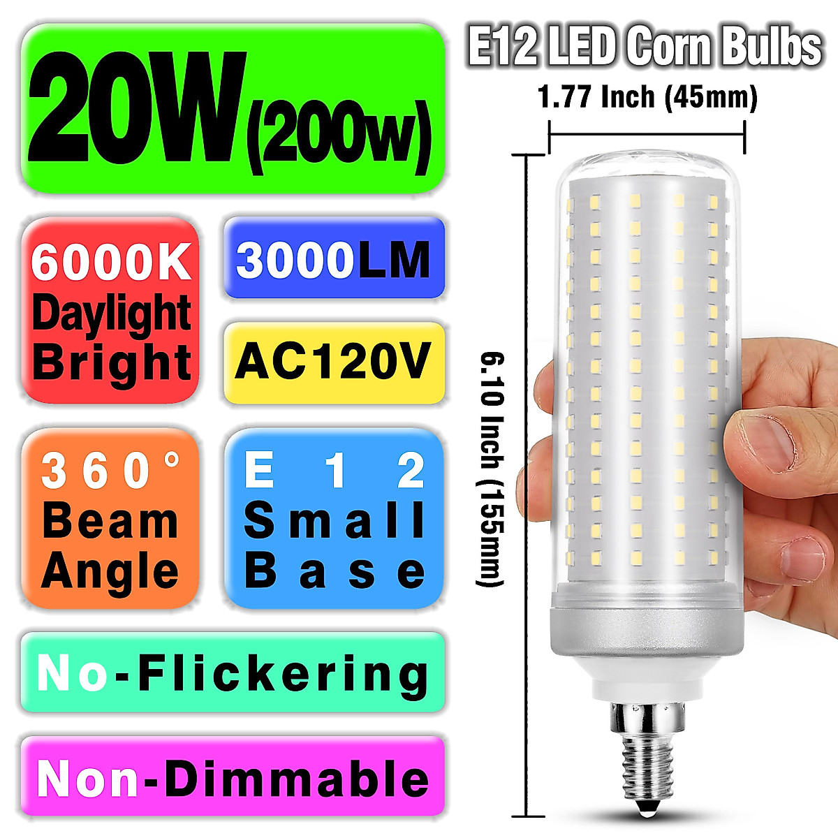 Big 1.77x 6.1 inch, E12 200w Equivalent LED Candelabra Bulbs C7,6000K Daylight Bright White,3000 lm T6 E12 20W LED Chandelier Light Bulbs for Ceiling Pendant Lighting Floor Lamp,Non-dimmable,3 Pack