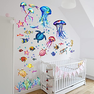 HUAJIE Ocean Fish Wall Decals, Under The Sea Wall Decals Sea Life Animals Wall Stickers Waterproof Removable Peel and Sticks for Kids Bedroom Bathroom Living Room, Multi