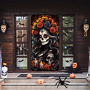 Day of The Dead Door Cover Dia De Los Muertos Backdrop Sugar Skull Rose Altar Mexican Fiesta Party Decorations and Supplies for Home