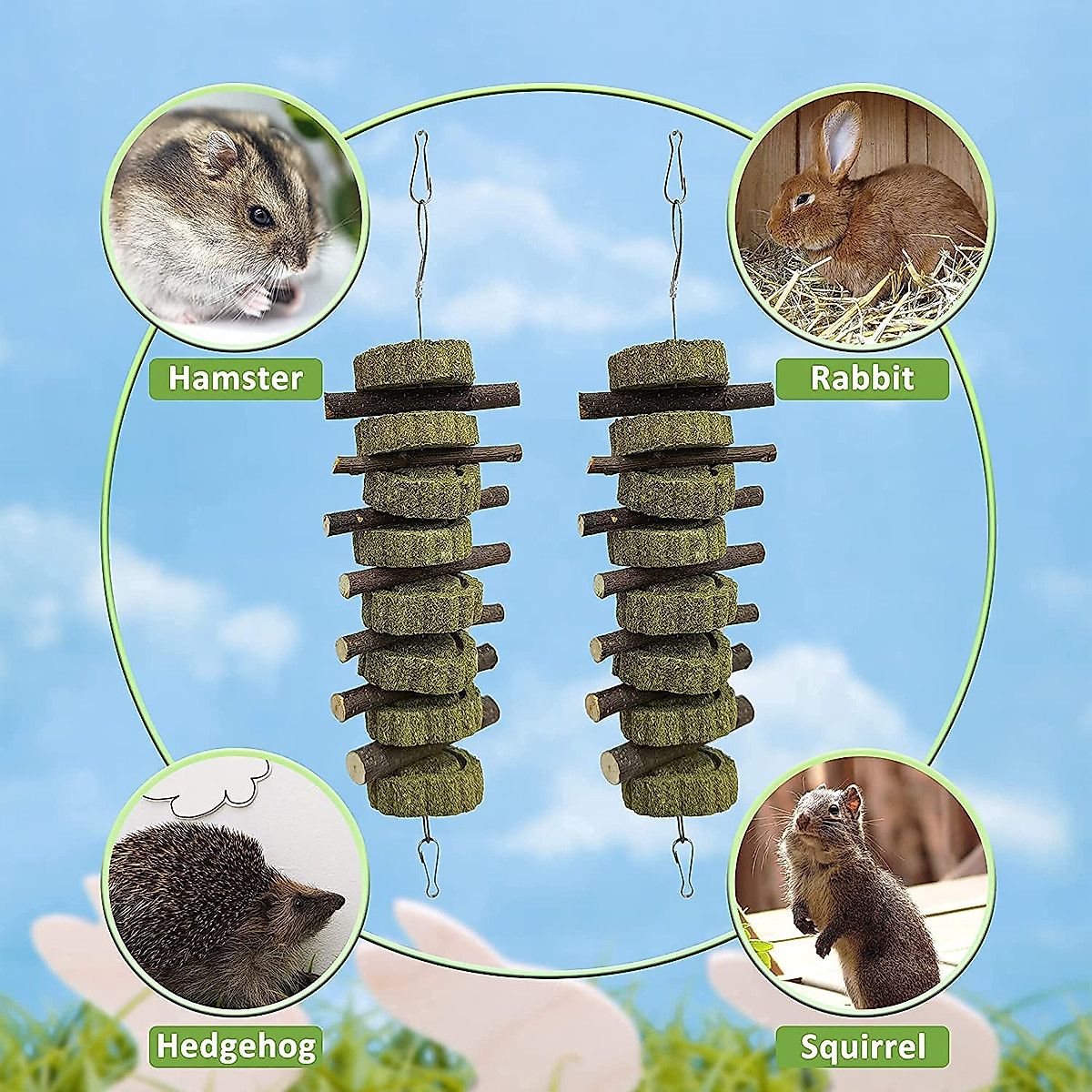 Arespark Pack-2 Rabbit Chew Toys, Organic Bunny Toys Apple Wood Branches/Timothy Hay Straw Cakes, Teeth Grinding Chew Treats for Guinea Pig Hamster Bunny Small Rodent, Juguetes para Conejos