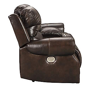 Signature Design by Ashley Buncrana Traditional Dual Sided Power Reclining Loveseat with Nailhead Trim, Center Storage Console and USB Port, Brown