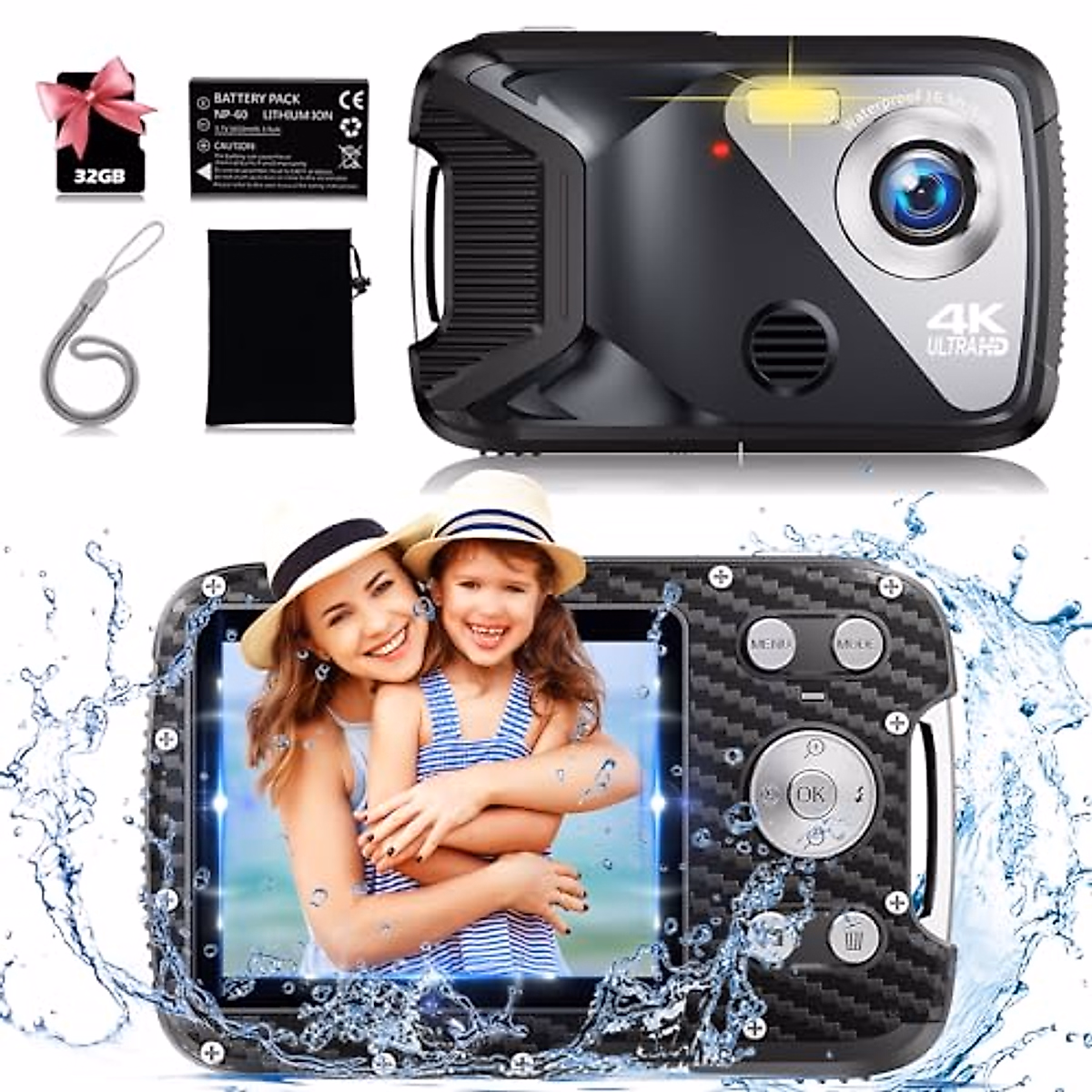 4K Underwater Camera 48MP Compact Digital Camera Waterproof Camera Underwater Camera for Snorkeling with 32GB Card, 18X Digital Zoom and 2.8 Inch LCD Screen (Black)